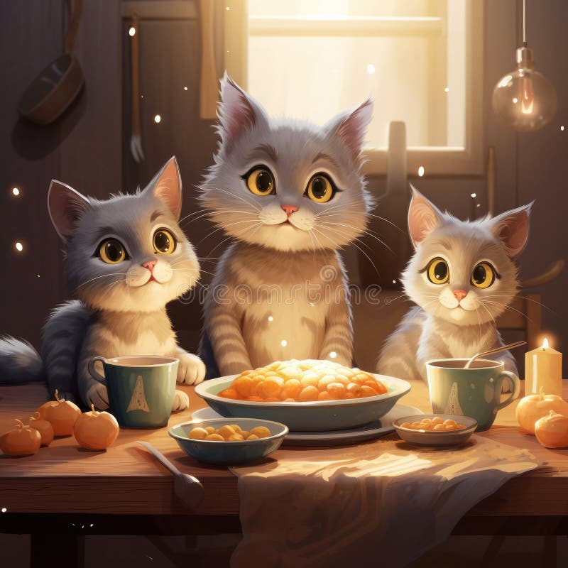 Family of Cats Sitting at Table, Family Dinner Stock Illustration ...