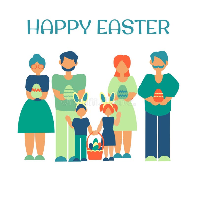 Family Celebrate Easter Together Easter Party Vector Flat Illustration ...