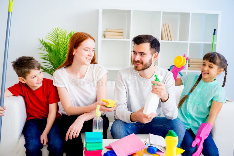 Family cleaning house stock image. Image of child, indoors - 91554775
