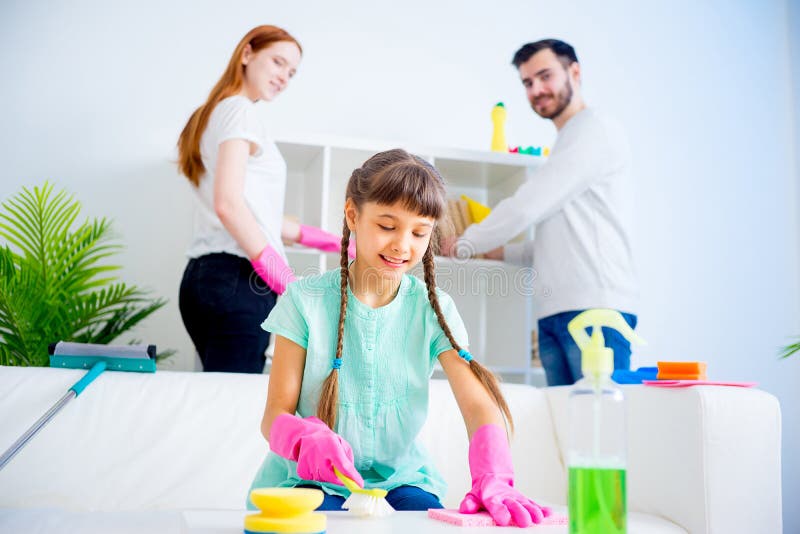 Family cleaning house stock image. Image of domestic - 91554861
