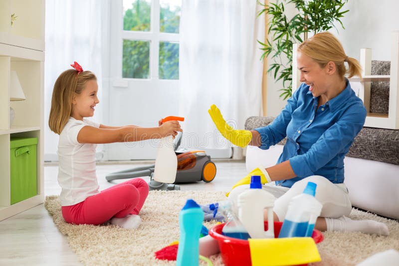 Family Cleaning Room Smiling and Having Fun Stock Photo - Image of ...