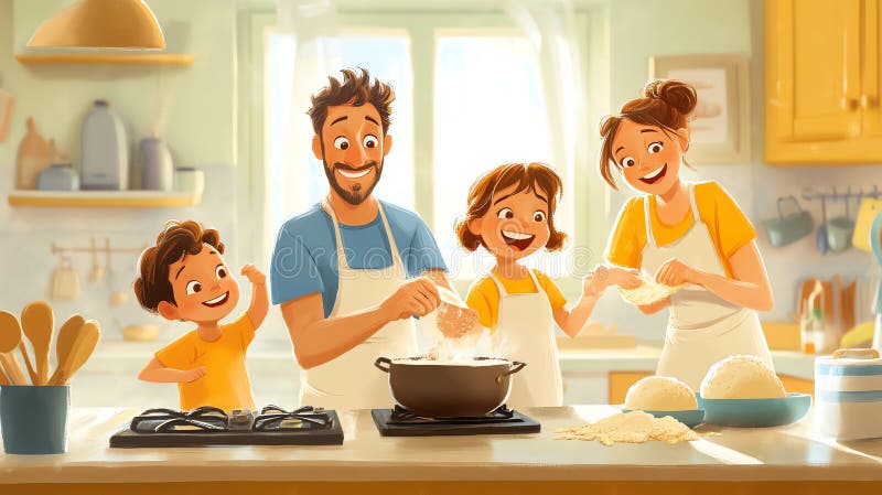 Family Cooking Illustration Joyful Kitchen Scene Stock Photos - Free ...