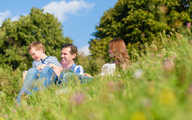 Family Cuddling Sitting on Meadow in Summer Stock Photo - Image of ...