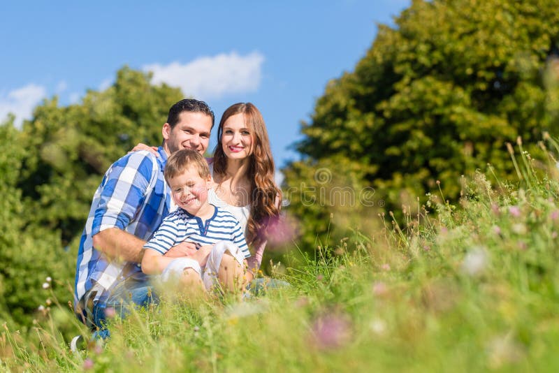 Family Cuddling Sitting on Meadow in Summer Stock Image - Image of ...