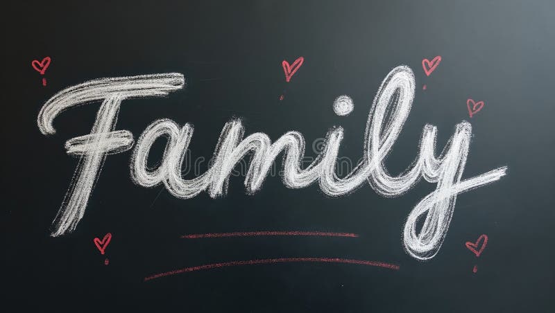 Family in Cursive on Chalkboard with Heart Doodles Stock Illustration ...