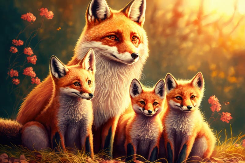 A Family of Cute Red Foxes Sitting in a Glade. Created with Generative ...