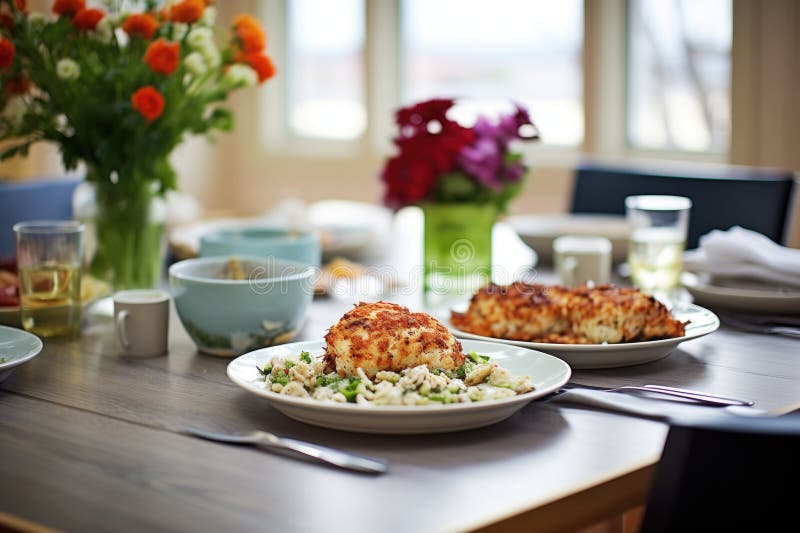 Family Dinner Table with Large Serving of Crab Cakes Stock Photo ...