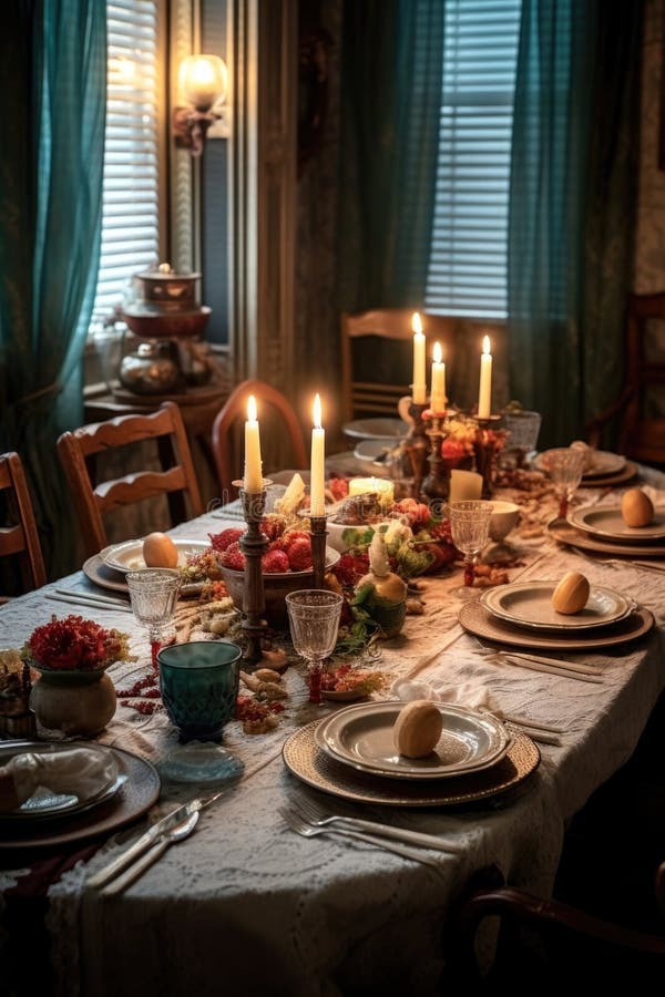 Family Dinner Table Set for a Festive Meal Stock Illustration ...