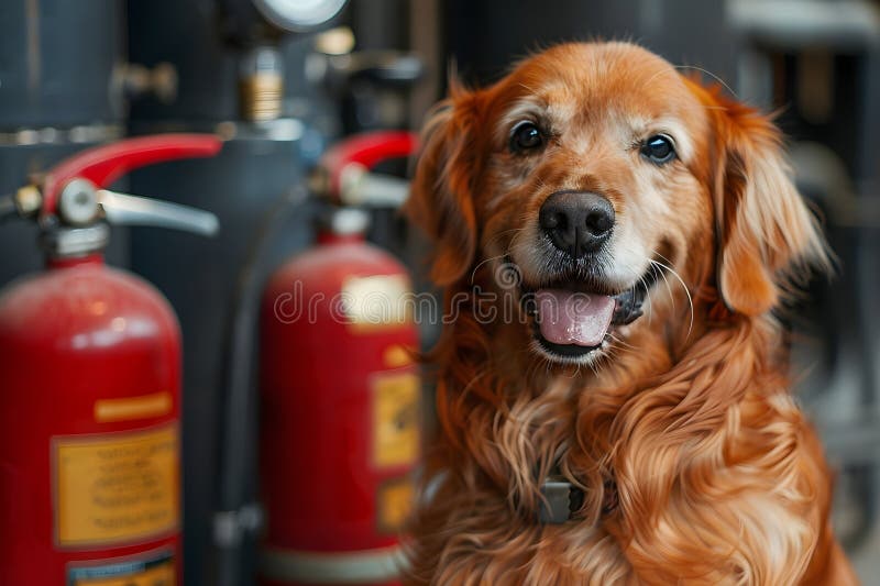 A Family Dog Sitting by a Fire Extinguisher, with a Happy Expression ...