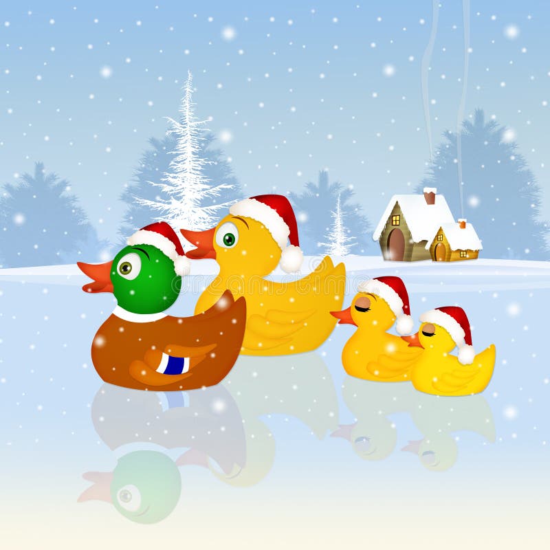 Family of Ducks at Christmas Stock Illustration - Illustration of lake ...