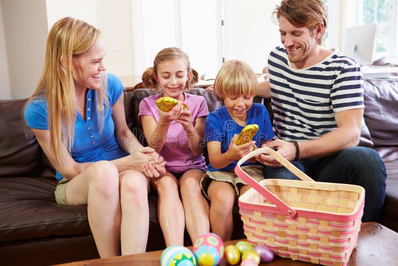 Family with Easter Eggs at Home Stock Photo - Image of music ...