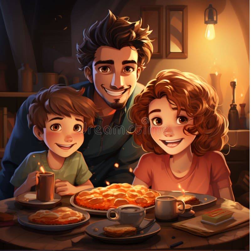 Family eating at the table stock illustration. Illustration of anime ...