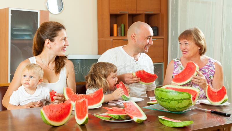 Family Eating Watermelon at Home Stock Image - Image of happy, female ...