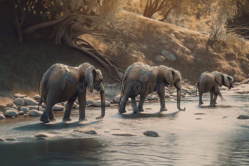 A Family of Elephants Crossing a River Generative AI Stock Illustration ...