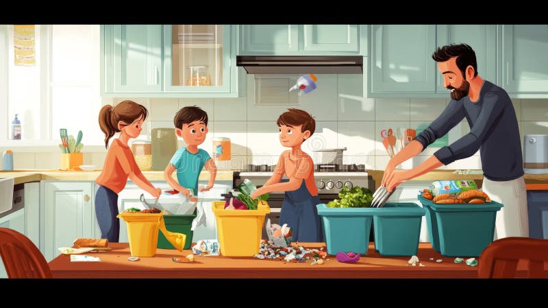 Family Engaged in Sustainable Waste Sorting in a Bright Kitchen Stock Photo - Image of domestic ...