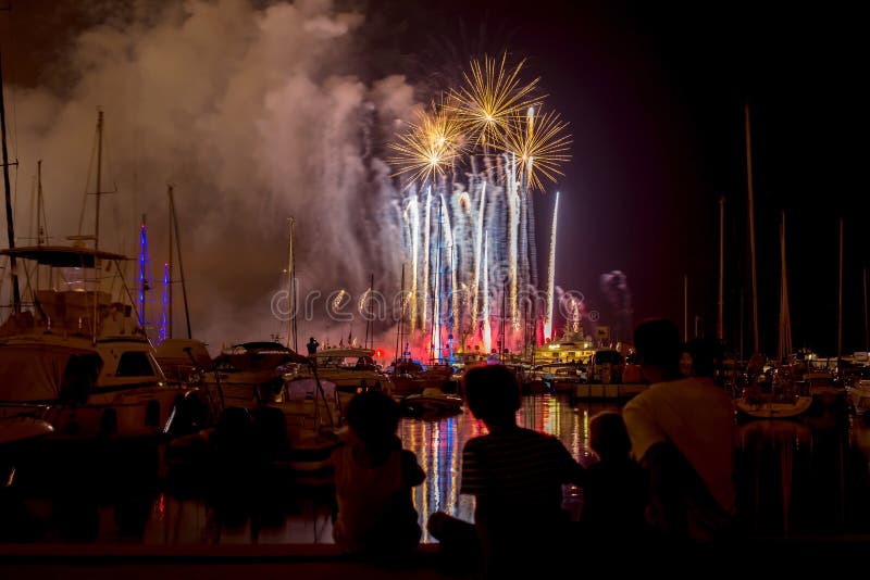 Family, Enjoying Firework Display in Monaco, Summertime on the Port ...