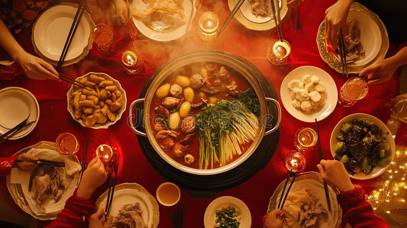 Family Enjoying Hot Pot Dinner, Overhead View Stock Illustration ...