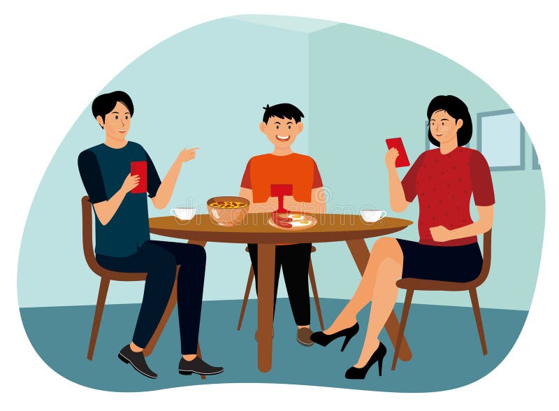 Family Enjoying a Meal Together while Using Mobile Devices. Stock ...