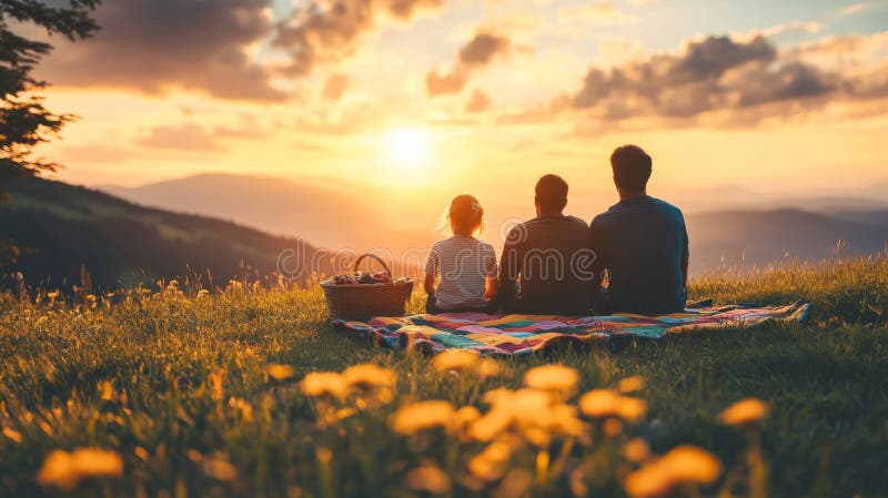Family Enjoying a Sunset Picnic on a Mountaintop Stock Illustration ...