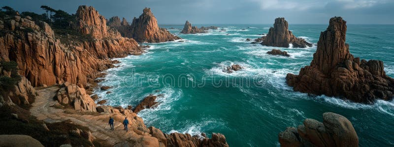 Family Exploring Rocky Coastal Landscape with Waves and Dramatic Cliffs ...