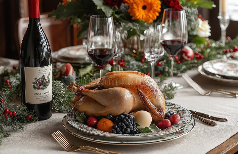 Family Festive Christmas Dinner Table with a Roasted Turkey Stock Image ...