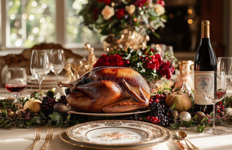 Family Festive Christmas Dinner Table with a Roasted Turkey Stock Photo ...