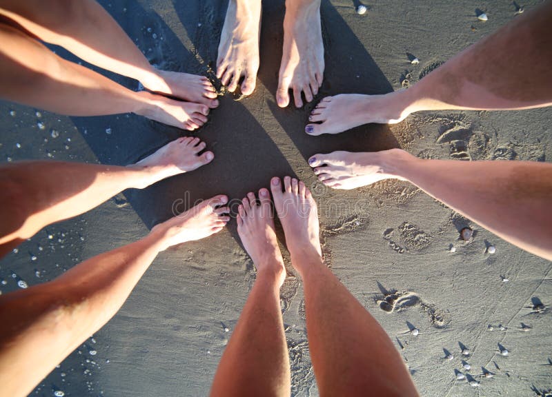 Family of Five Barefoot People in Circle on the Beach Stock Image ...
