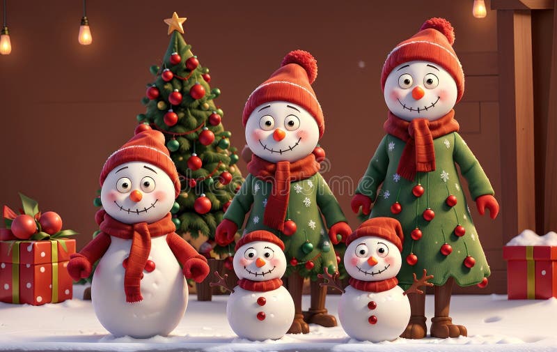 A Family of Five Snowmen Standing on the Background of Christmas Tree ...