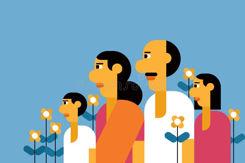A Side Facing Indian Ethnic Family of Four Stock Vector - Illustration ...