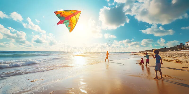 Family Fun on the Beach Kite Flying and Ocean Waves Stock Illustration ...