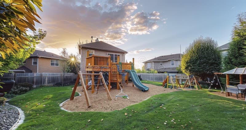 Family Fun Outdoors - Large Backyard with Patio and Play Set Stock ...