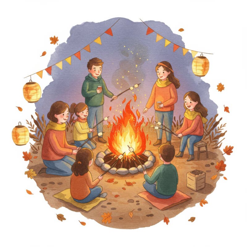Family Gathering Around a Campfire on an Autumn Evening Stock ...