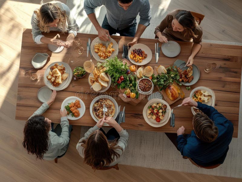 Family Gathering Around a Table Filled with Food Stock Photo - Image of ...