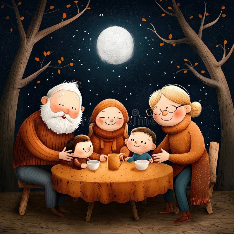 Family Gathering Under the Moonlight Stock Illustration - Illustration ...