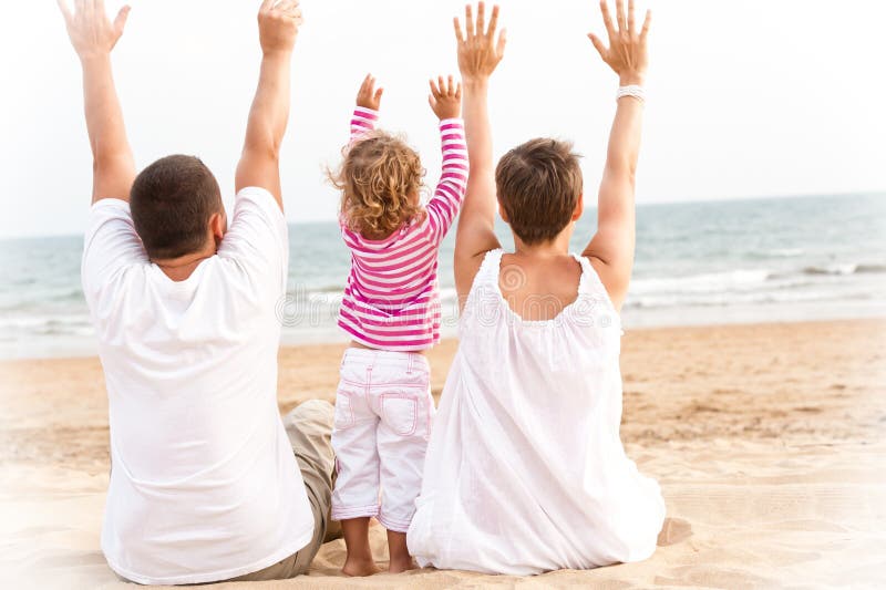 Family with Hand Up are Looking the Ocean Stock Image - Image of ...