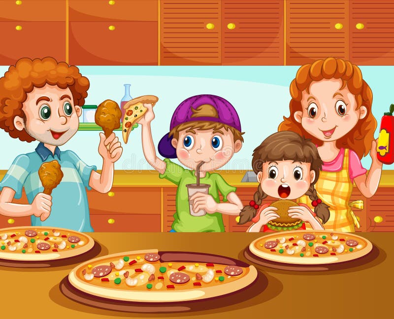Family Having Pizza in Kitchen Stock Vector - Illustration of graphic ...
