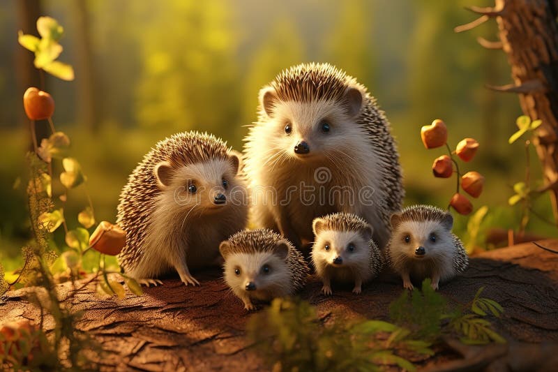 A Family of Hedgehogs Look Forward in a Forest with Green Moss. Stock ...