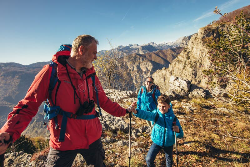 Family Hiking in Mountains, Having Fun in Nature Stock Photo - Image of ...