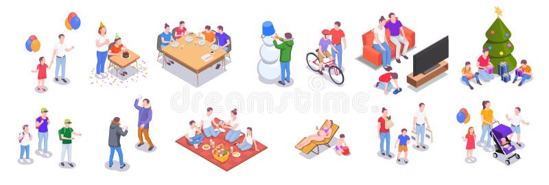 Family Holidays Isometric Collection of Isolated Objects and Human ...