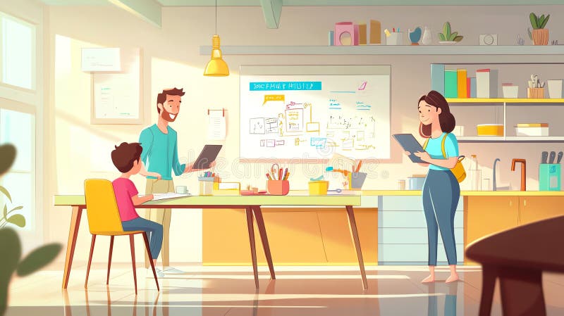 Family Home Illustration: Bright Kitchen Study Scene Stock Image ...