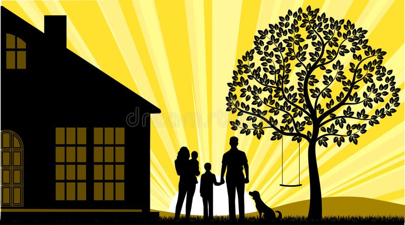Family at home at sunset stock illustration. Illustration of family ...