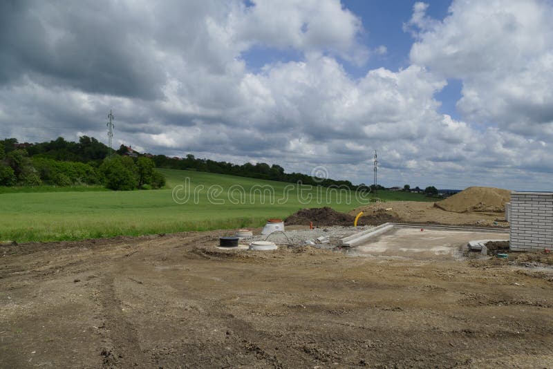 Family House Construction Site on Green Field Stock Image - Image of ...