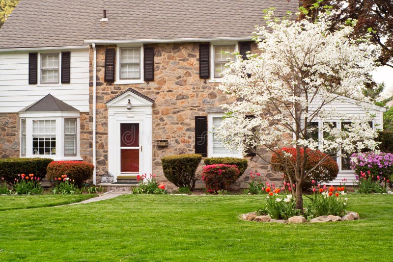 Family House with Front Lawn in Fall Colors Stock Photo - Image of ...