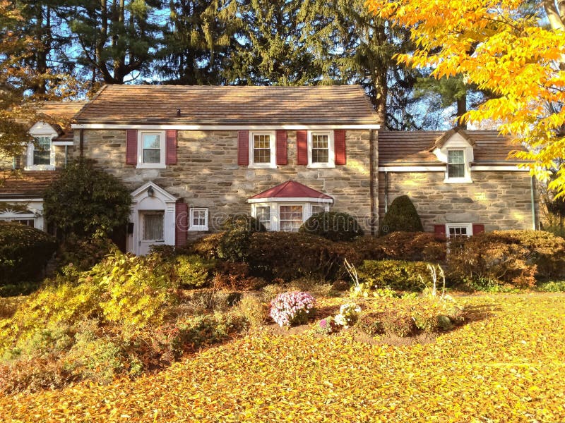 Family House with Front Lawn in Fall Colors Stock Photo - Image of ...