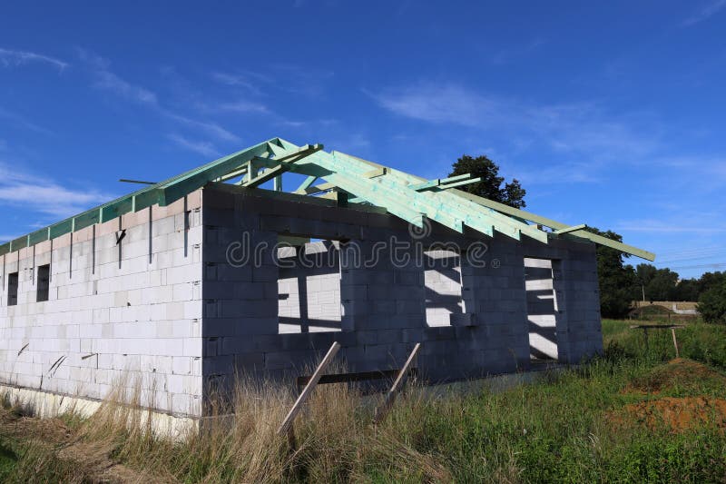 Family House Under Construction. Rough Construction of the House. Stock ...