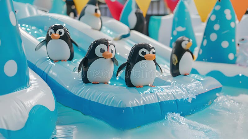 A Family of Inflatable Penguins Slide Down a Mini Inflatable Iceberg ...