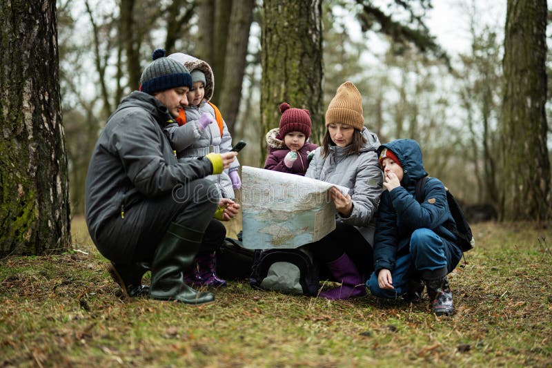 Family and Kids with Map in the Forest Stock Image - Image of rain ...