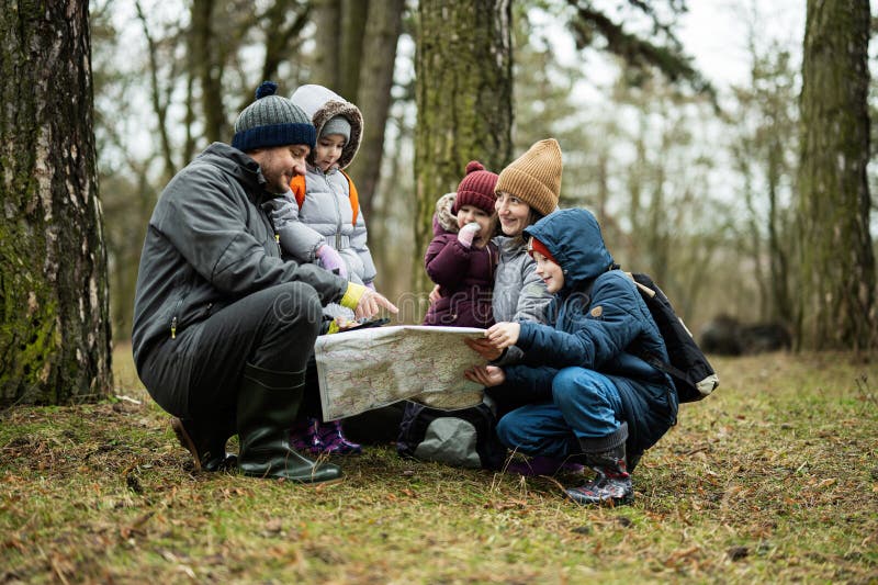 Family and Kids with Map in the Forest Stock Photo - Image of camping ...