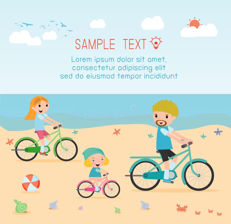 Family and Kids Riding Bikes on Beach Stock Vector - Illustration of ...
