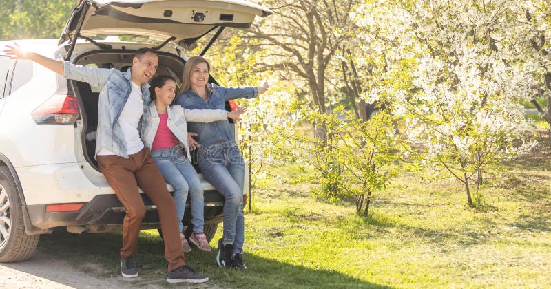 Family with Kids Sitting in Car Trunk Stock Image - Image of outdoors ...